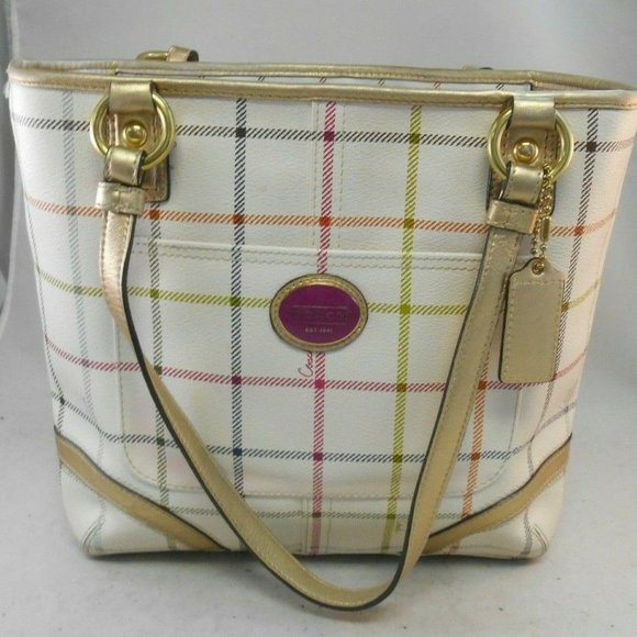 Coach | Bags | Coach Chelsea Heritage Tattersall Plaid Cream Medium Tote F9174 Coated Canvas ...